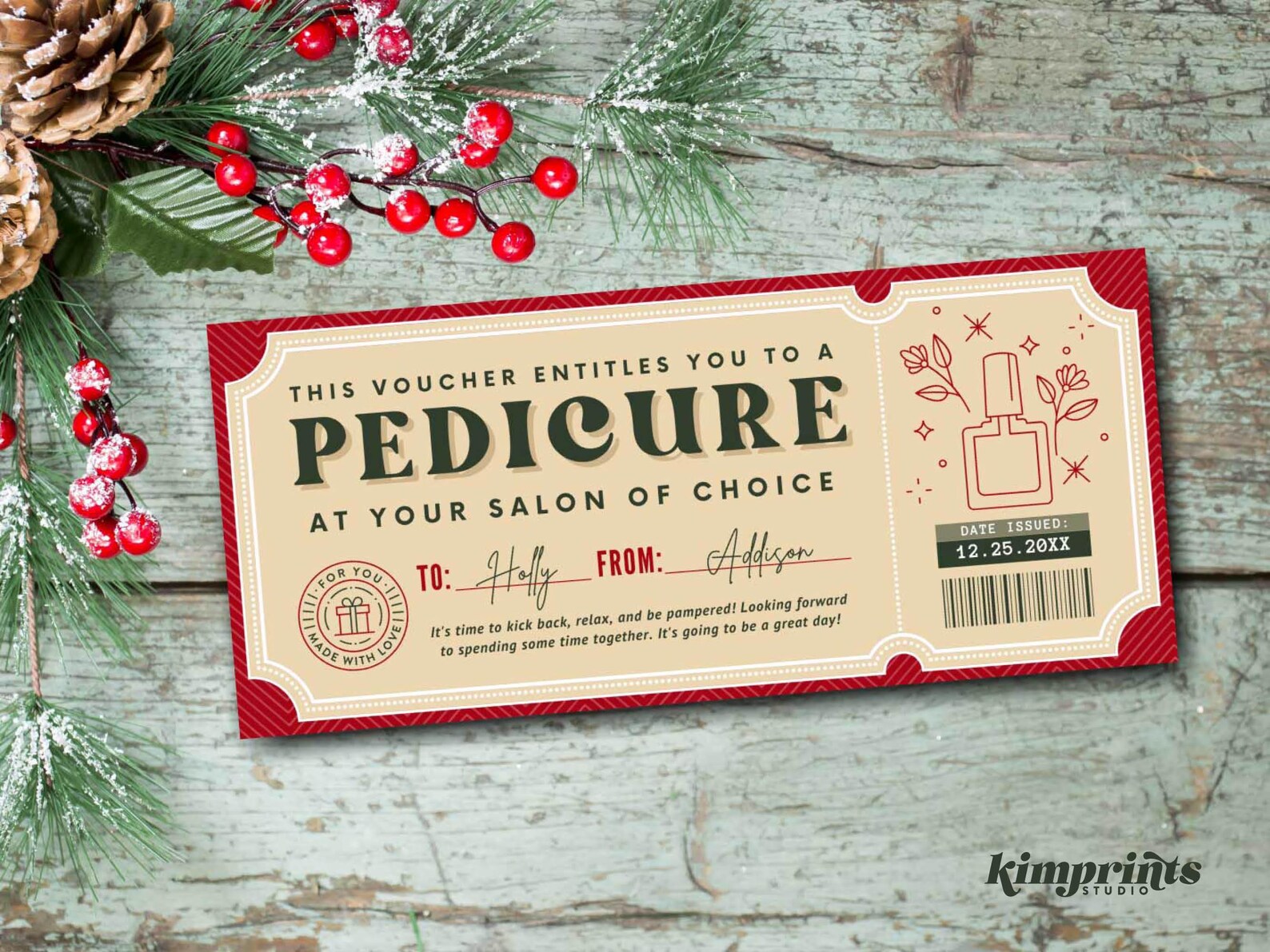 Pedicure Ticket Template, Nail Salon Christmas Gift Certificate ...
