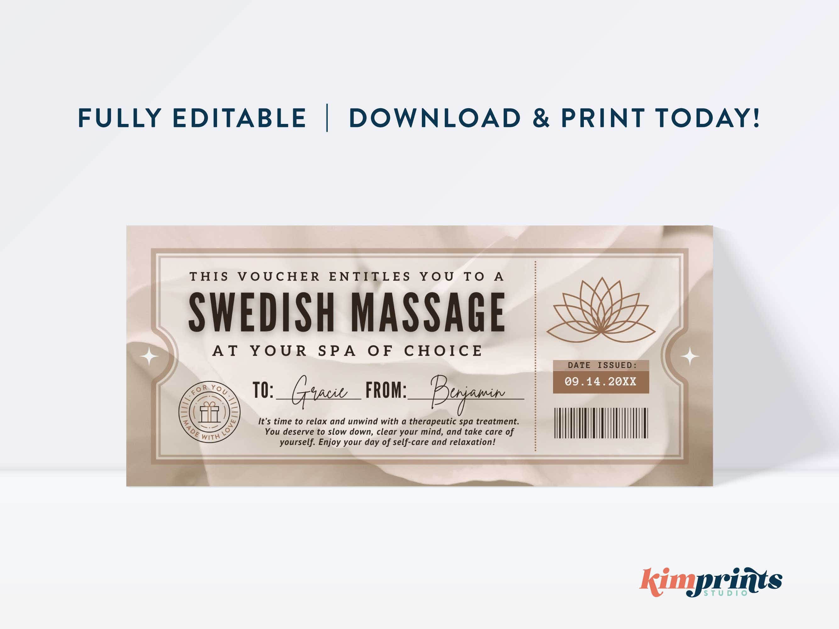 Massage Gift Certificate Template, Couples Massage Gift Ticket, Swedish ...