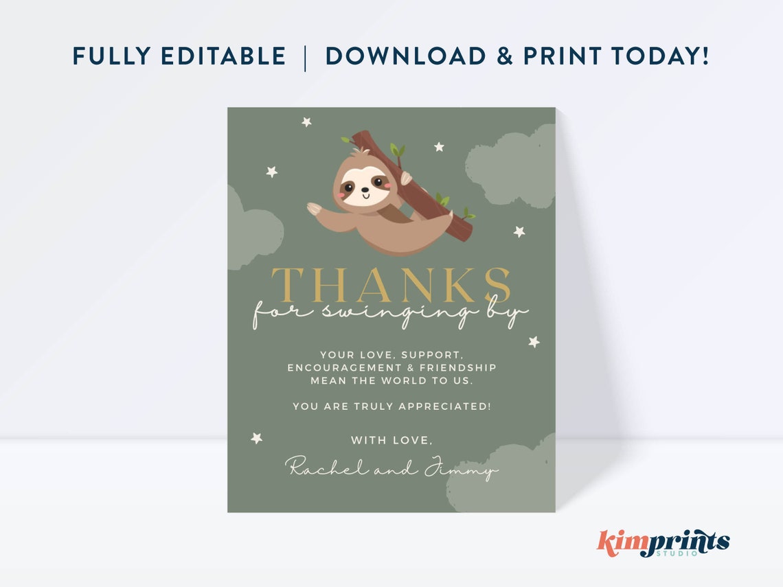 Sloth Theme Thank You Card for Baby Shower, Customizable, Printable ...