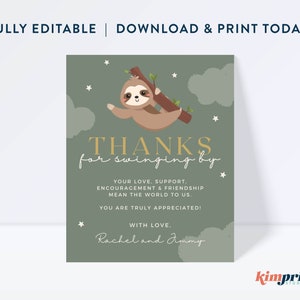 Sloth Theme Thank You Card for Baby Shower, Customizable, Printable ...
