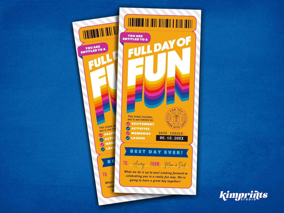 Fun Day Ticket Template, Yes Day Souvenir, Kids Special Experience Gift ...