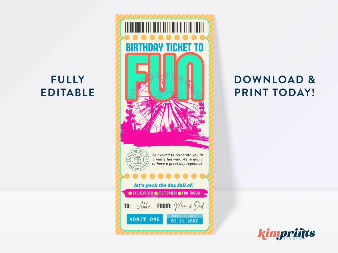 Birthday Ticket to Fun, Kids Best Day Ever Souvenir Voucher, Yes Day ...