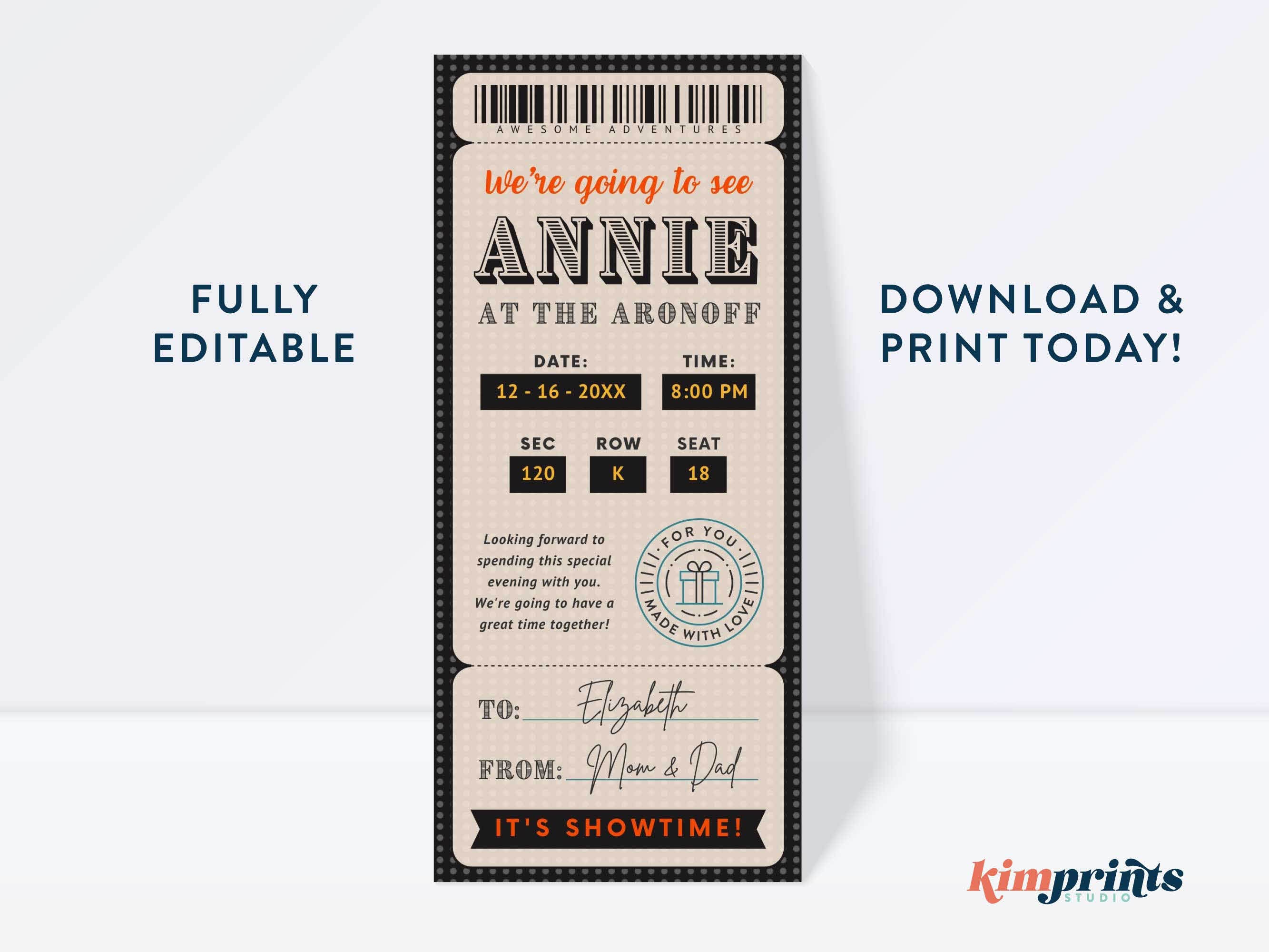 Theater Show Ticket Template, Broadway Show Gift Idea, Musical Theater ...