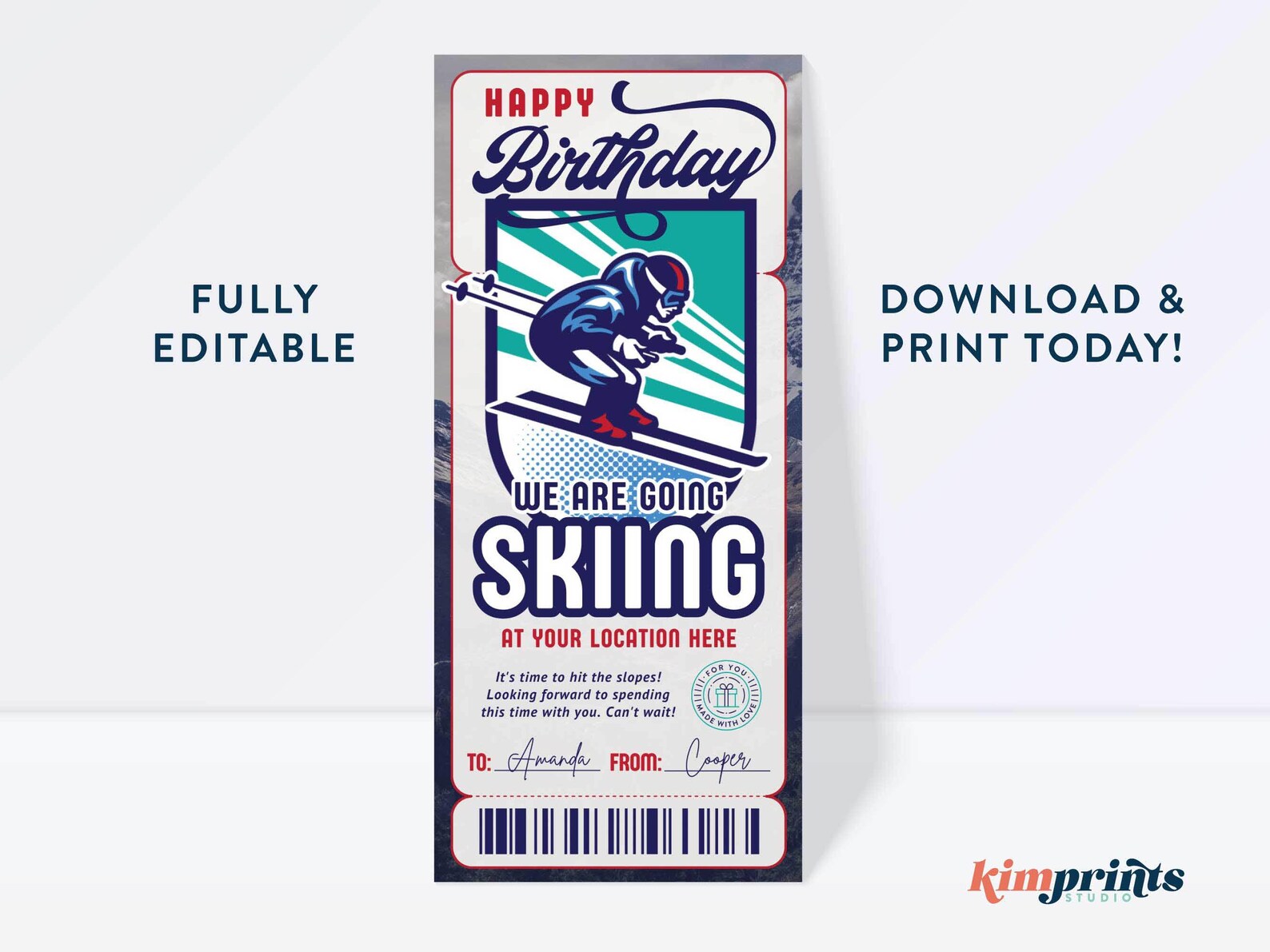 Snow Skiing Ticket Template, Ski Trip Birthday Gift Idea, Snow Ski Pass ...