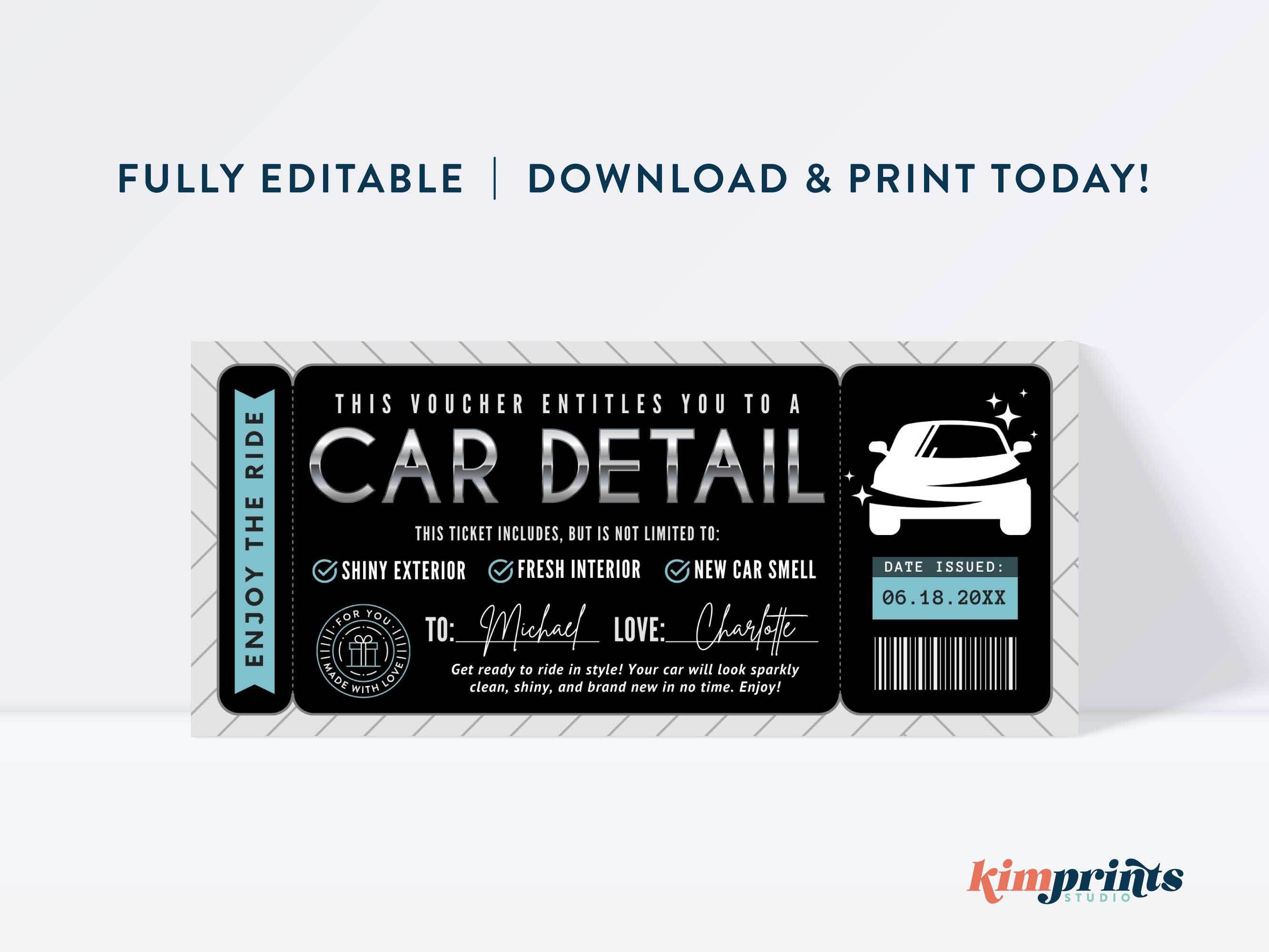 Car Detail Ticket Template, Car Detailing Gift Certificate, Car Detail ...