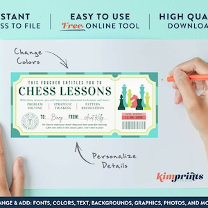 Chess Lessons Ticket Template, Chess Gift Idea, Chess Board Game Class ...