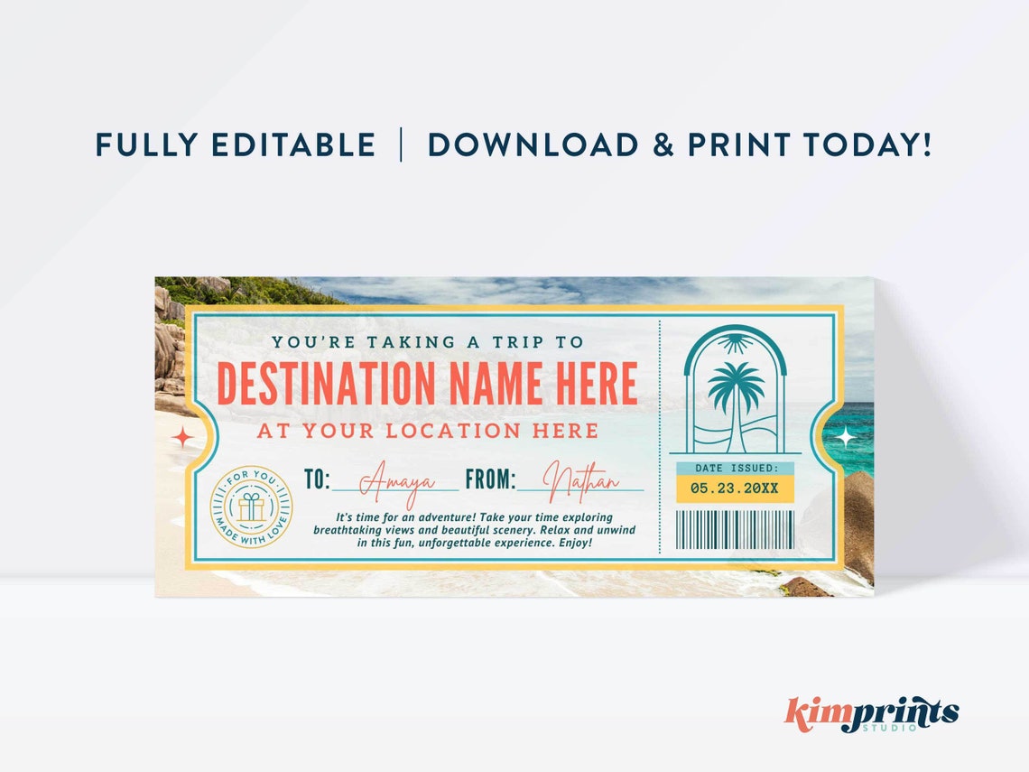 Vacation Excursion Ticket Template, Trip Reveal Gift Certificate ...
