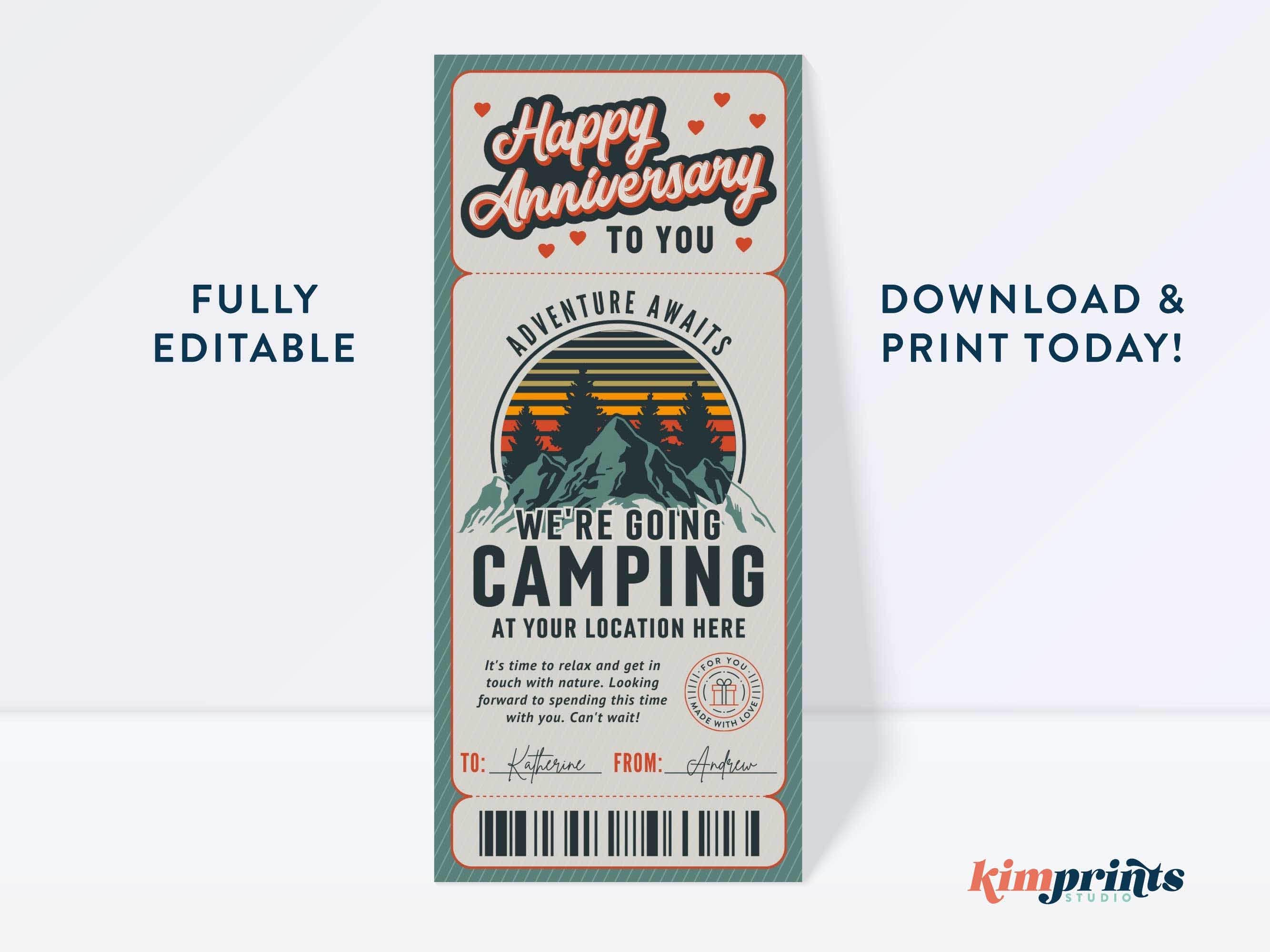 Camping Ticket Template, Anniversary Gift Idea, Anniversary Activity ...