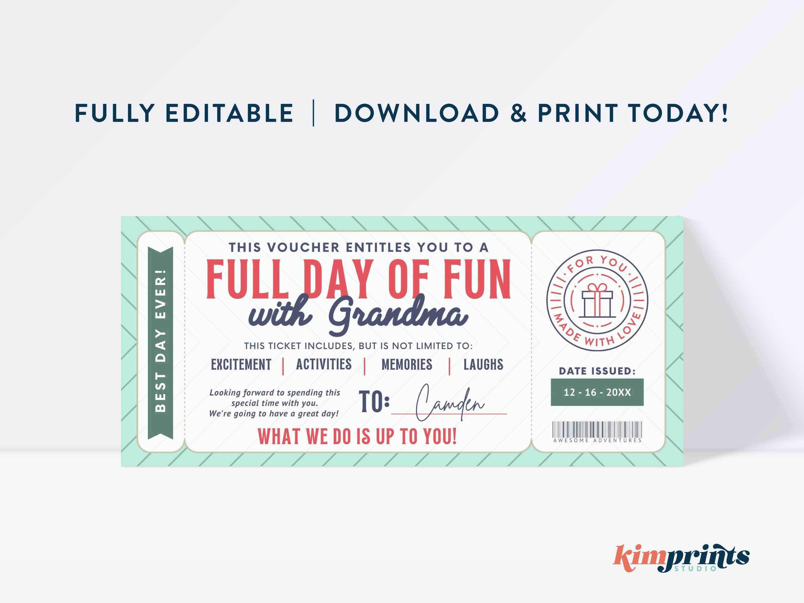 Fun Day Ticket, Kids Experience Gift Souvenir, Custom Printable Yes Day ...