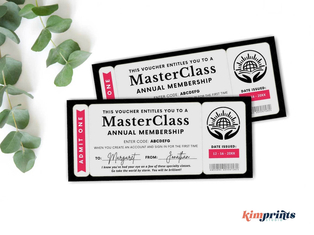 Masterclass Annual Membership Ticket Template, Learning Experience Gift Certificate, Printable ...