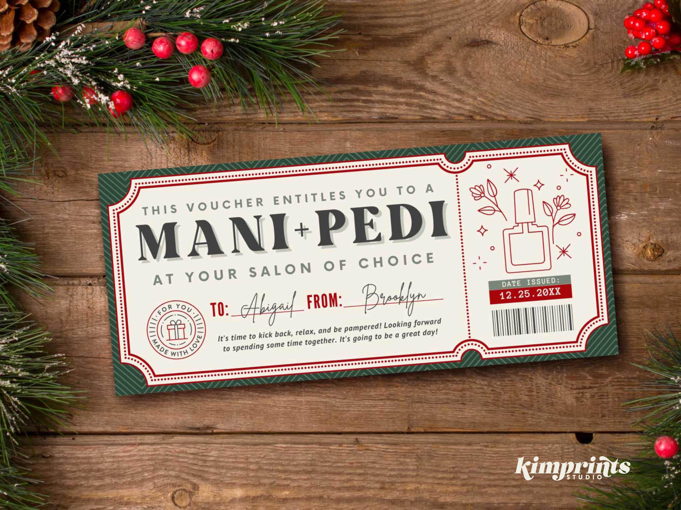 Mani Pedi Ticket Template, Nail Salon Christmas Gift Certificate ...