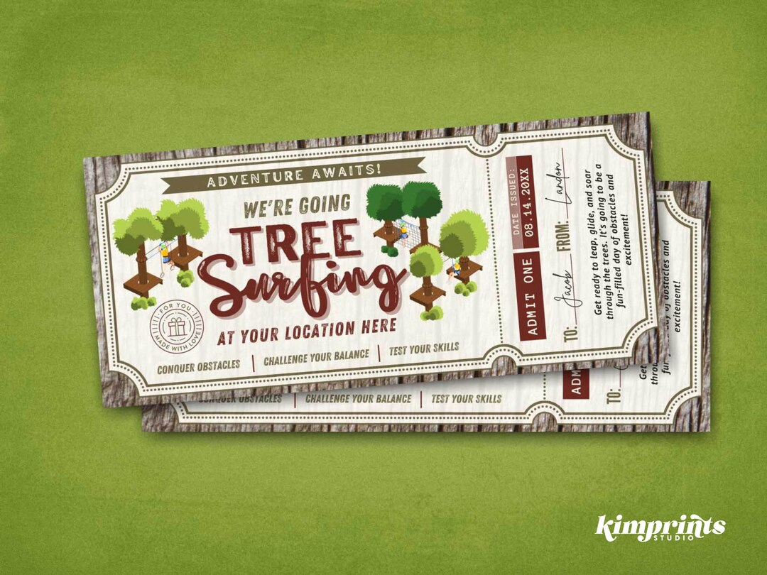 Tree Surfing Ticket Template, Ropes Course Park Experience Gift ...