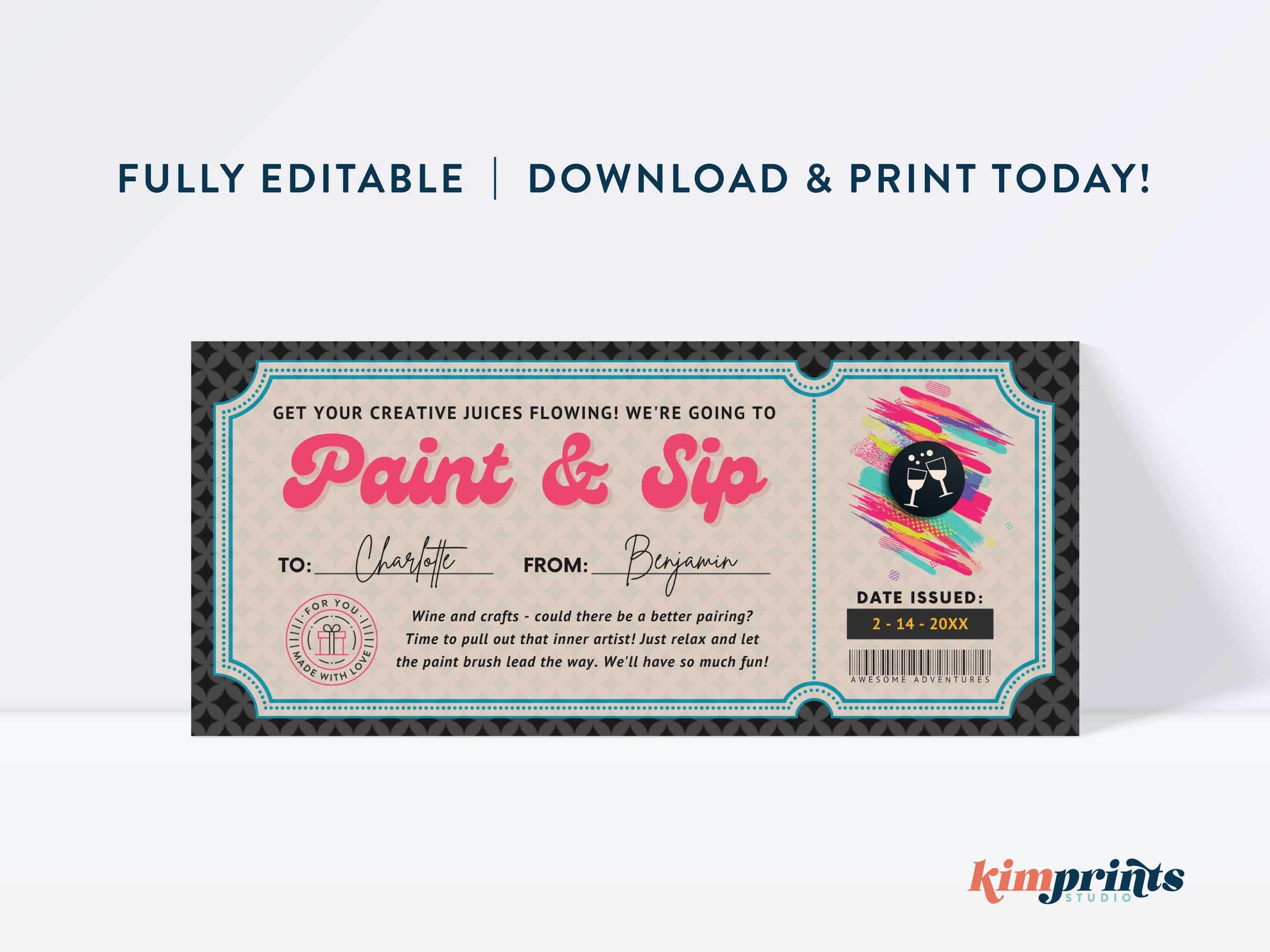 Paint & Sip Ticket Template Art Class Gift Certificate Fun - Etsy Australia