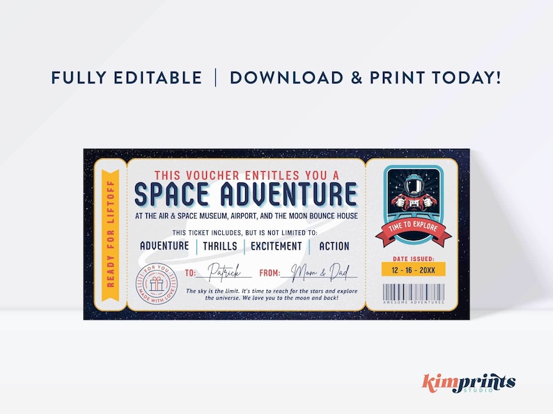 Space Adventure Ticket Template Astronaut Experience Gift - Etsy