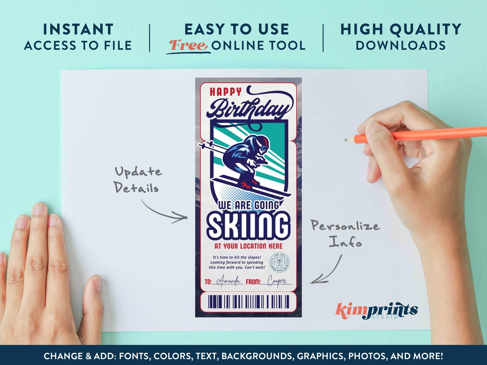 Snow Skiing Ticket Template, Ski Trip Birthday Gift Idea, Snow Ski Pass ...