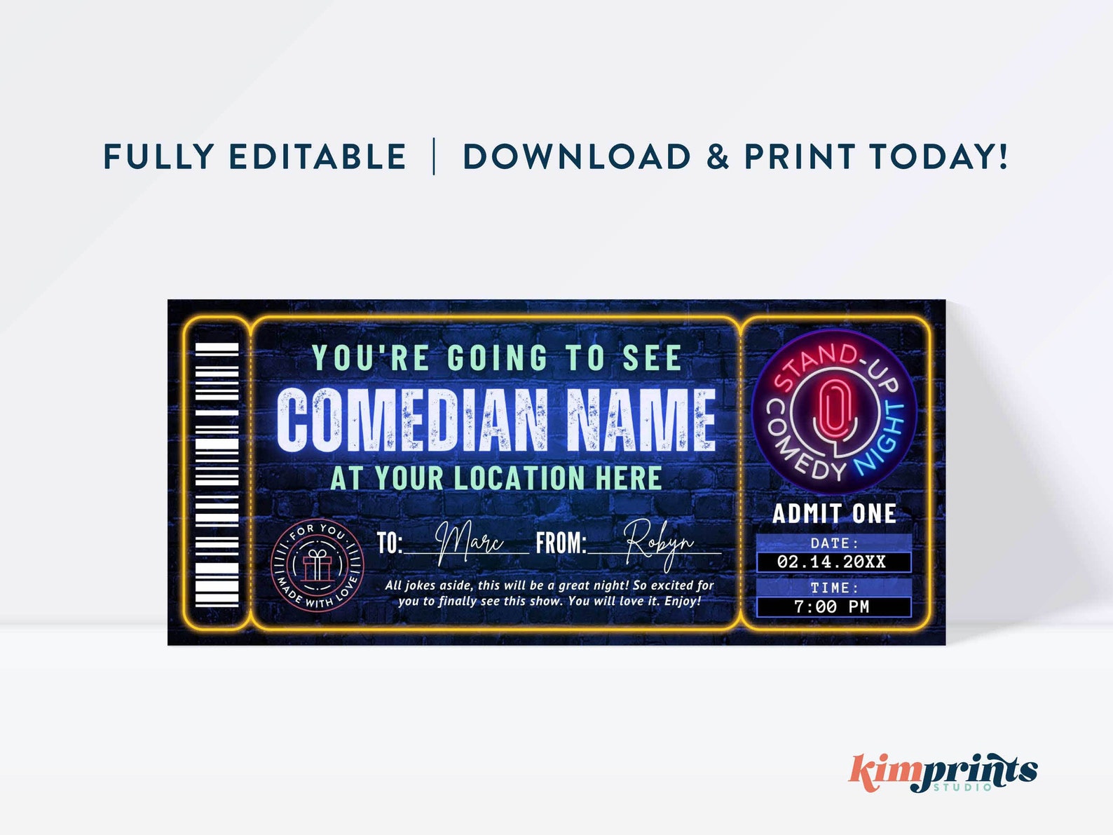 Comedy Show Ticket Template, Custom Comedy Club Gift, DIY Stand up ...