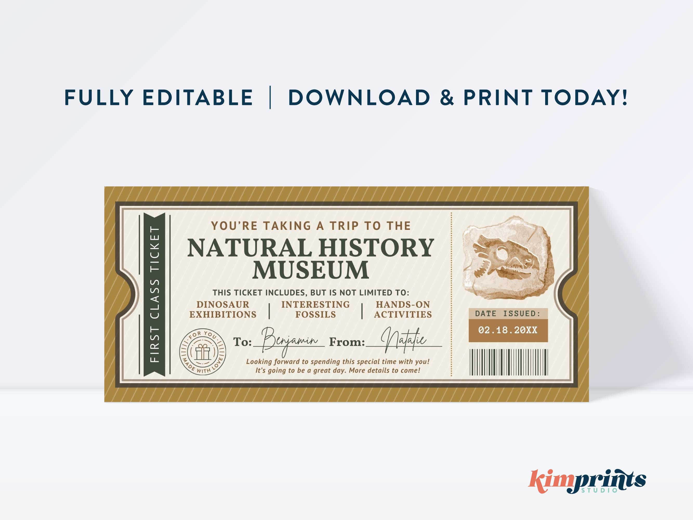 Natural History Museum Ticket Template, Dinosaur Experience Gift ...