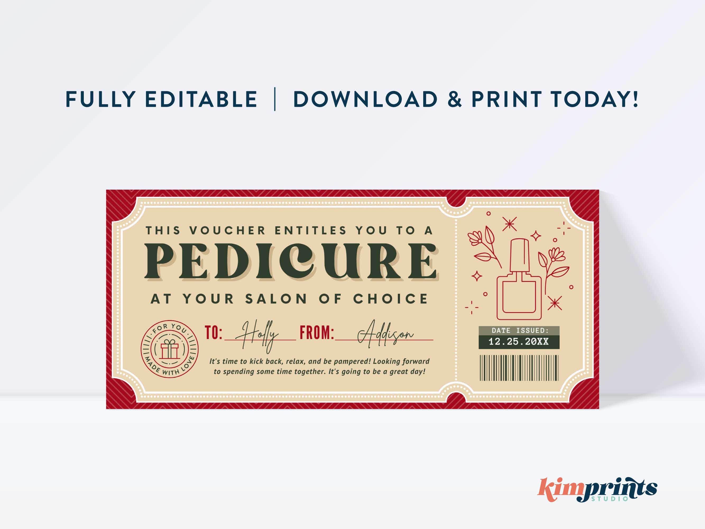 Pedicure Ticket Template, Nail Salon Christmas Gift Certificate ...