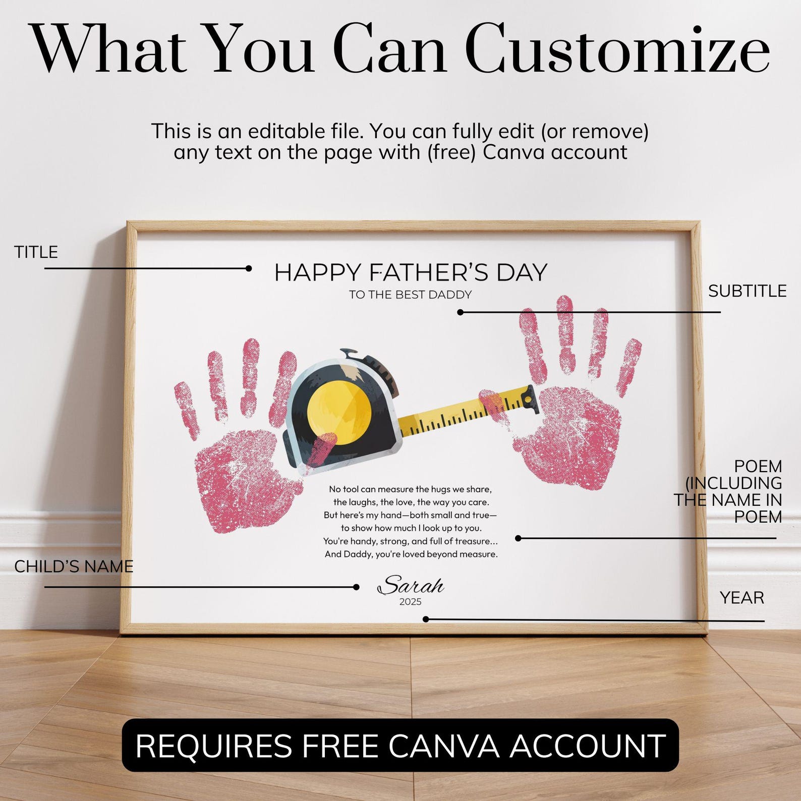Editable Fathers Day Handprint Poem for Kid, Tape Measure Gift for ...