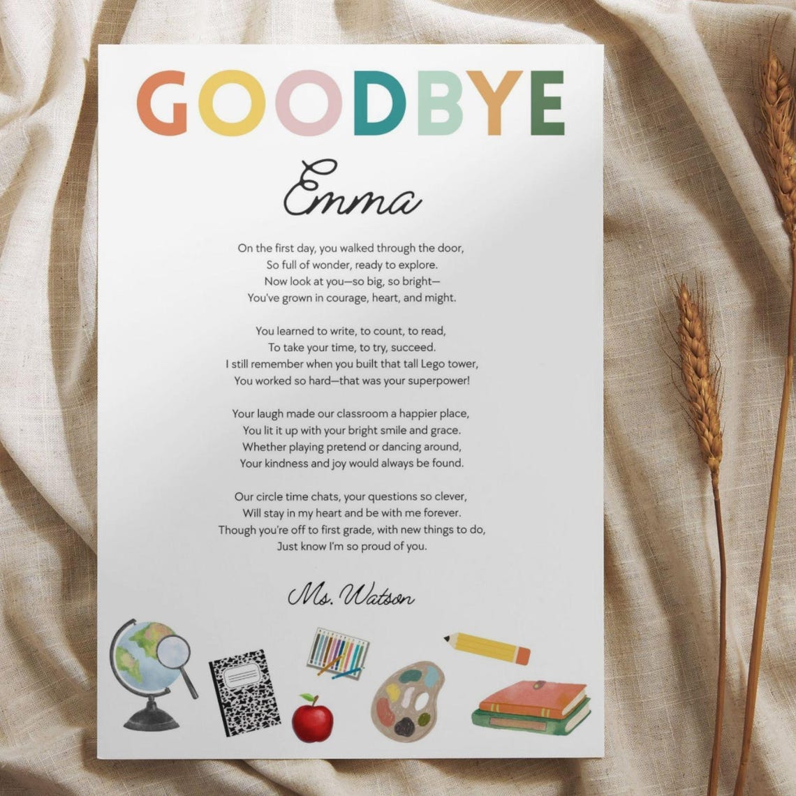 End of Year Poem for Student, Kindergarten Last Day of School Printable ...