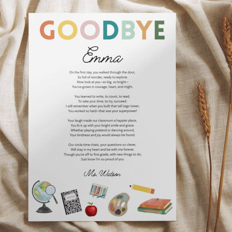 End of Year Poem for Student, Kindergarten Last Day of School Printable ...