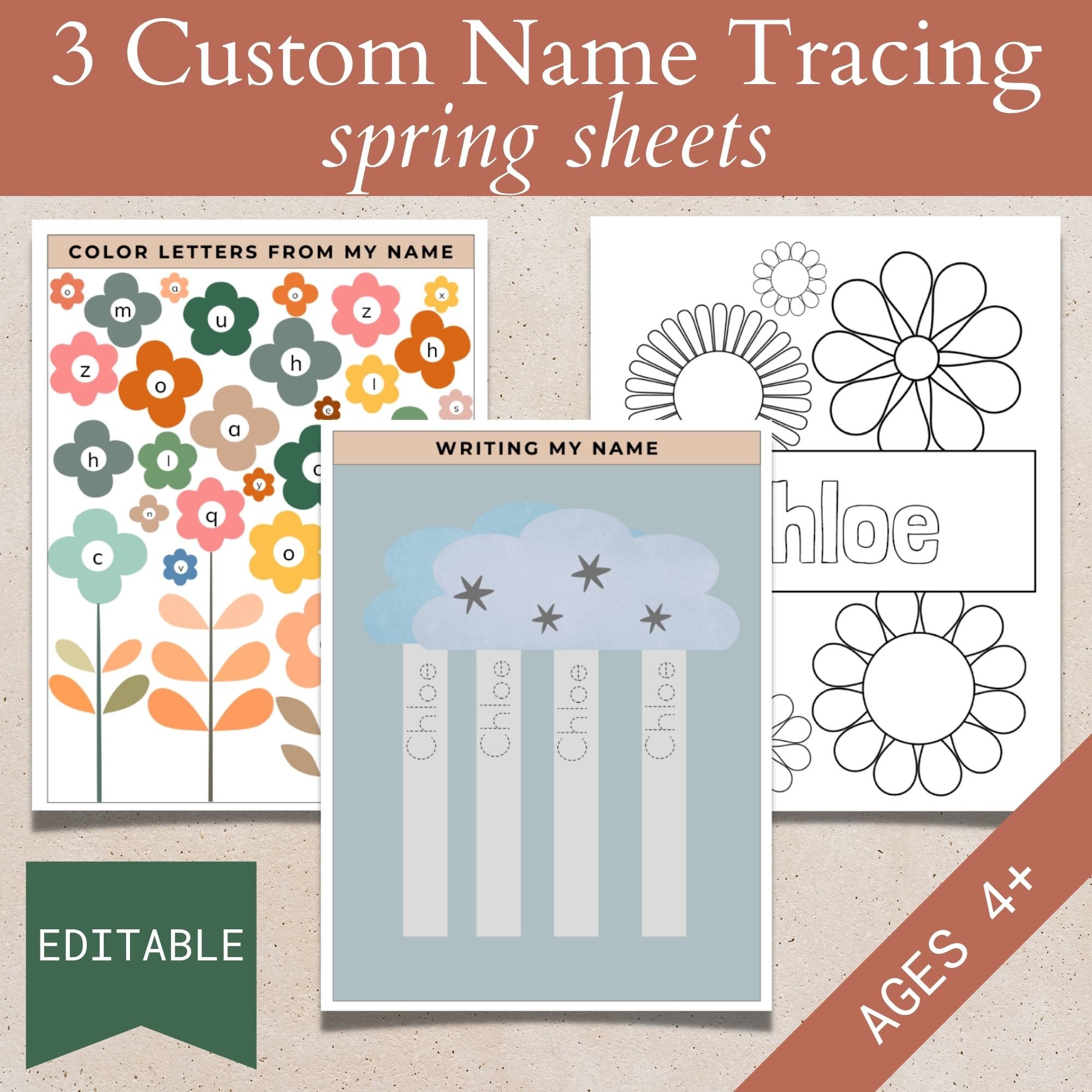 Custom Name Tracing Page Printable, Spring Activities for Kid, Editable ...