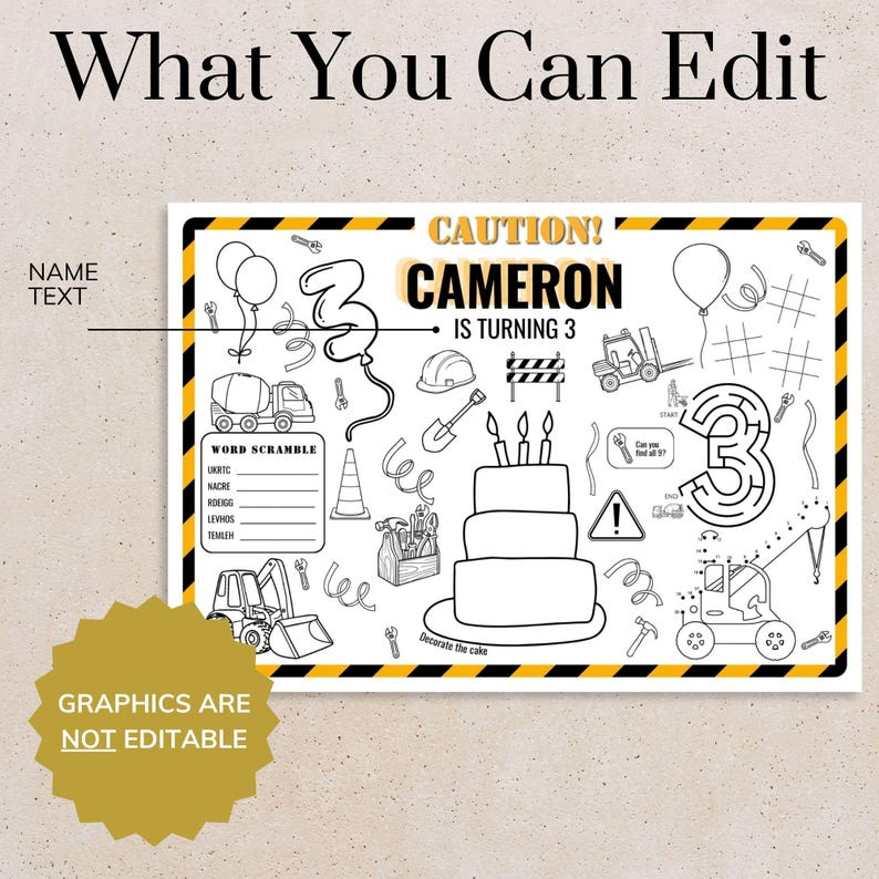 Construction Party Game Birthday Activity Placemat for Kids ...