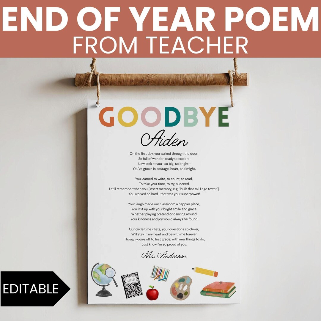 End of Year Poem for Student, Kindergarten Last Day of School Printable ...