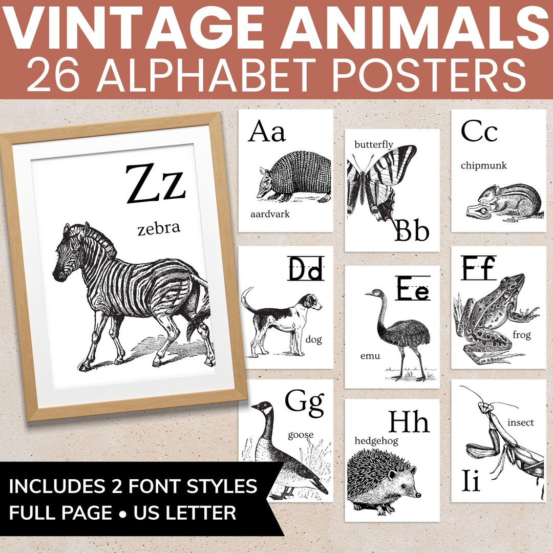 Vintage Animal Alphabet Poster for Classroom Decor Black and White, A-Z ...