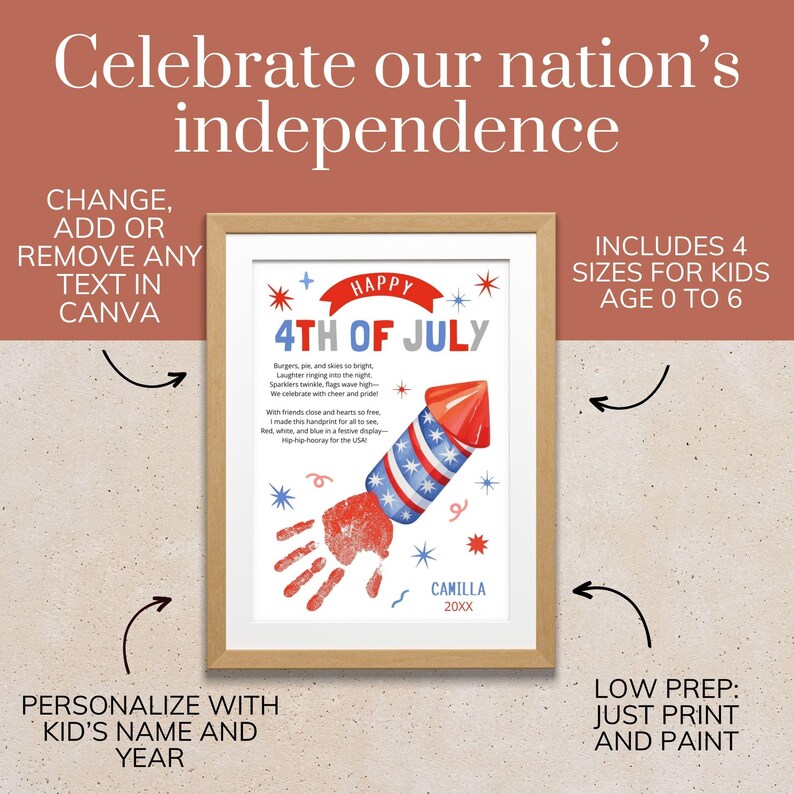 July 4th Handprint Art Printable, Patriotic Firecracker Independence ...