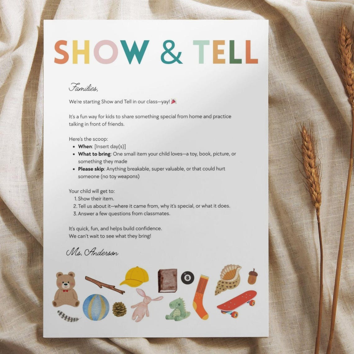 Editable Show and Tell Letter to Parents Printable, Show and Share ...