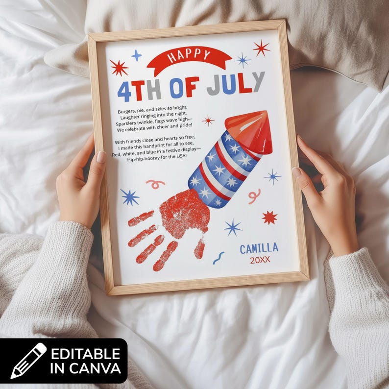 July 4th Handprint Art Printable, Patriotic Firecracker Independence ...