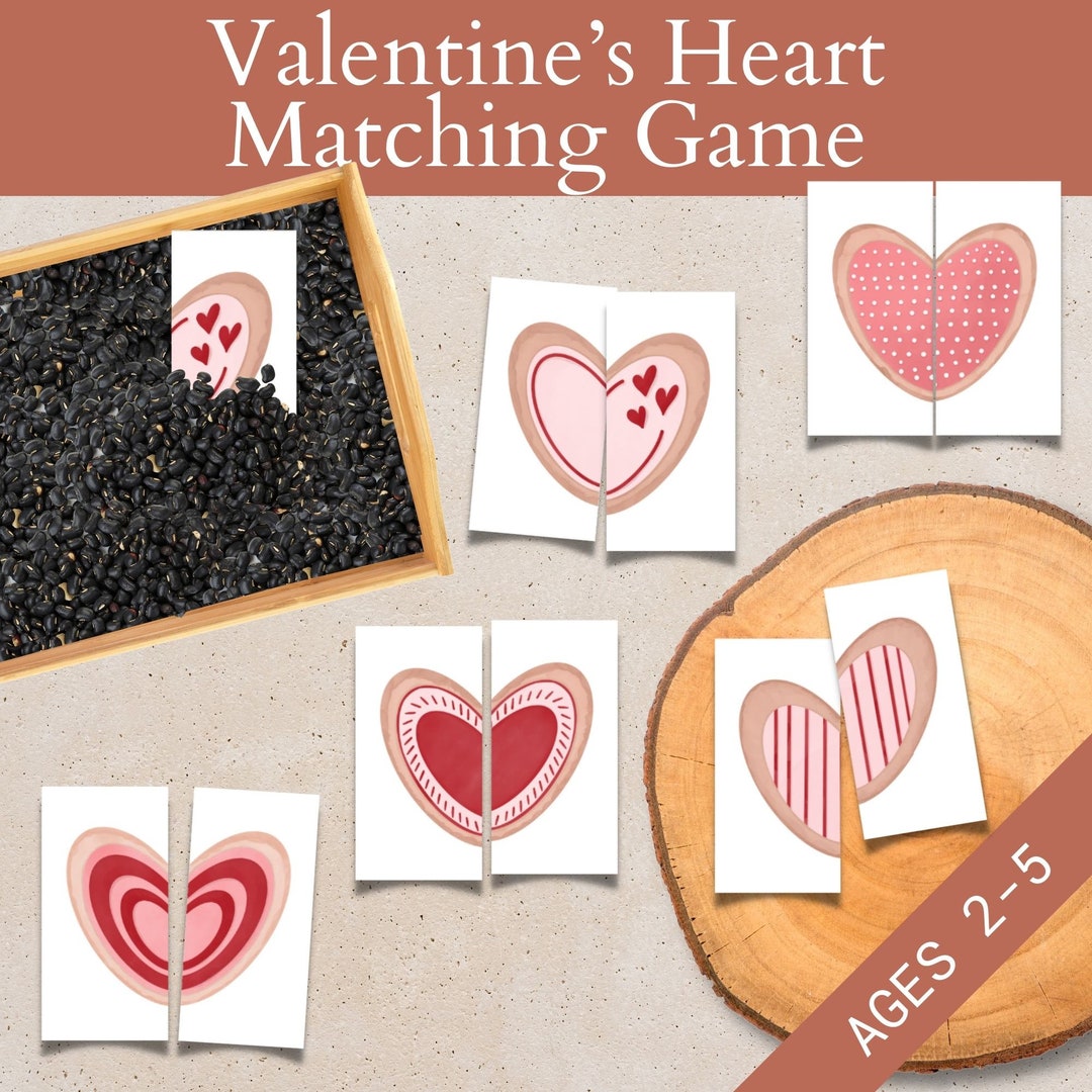 Valentine Memory Game Printable, Symmetry Puzzle for Kids, Montessori ...