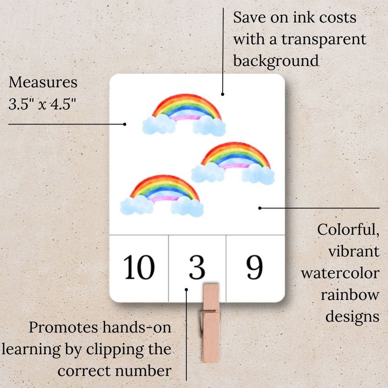 Rainbow Count and Clip Card, Spring Math Manipulative, Classroom Number ...