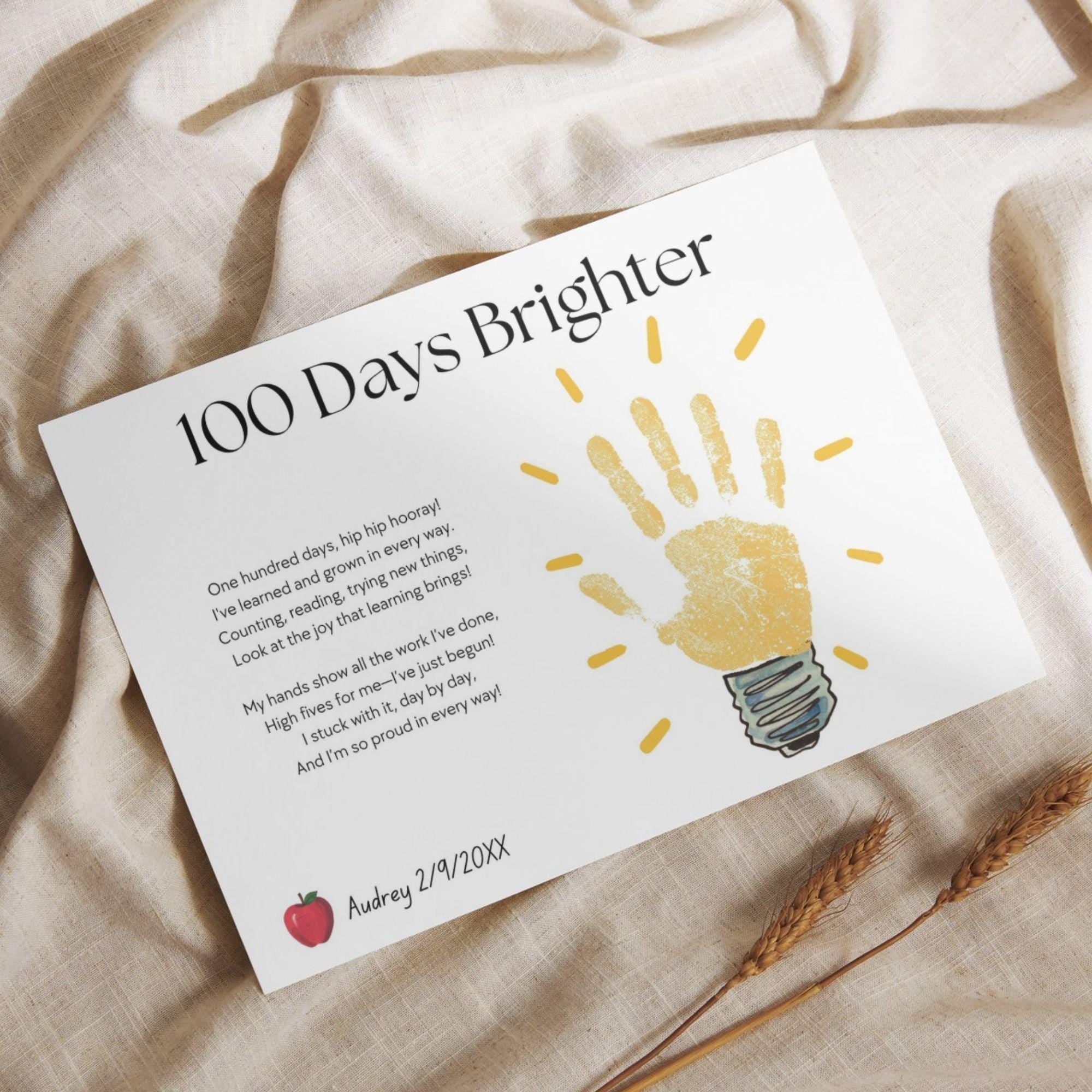 100 Days Brighter Handprint Art Poem, 100th Day of School Activity ...