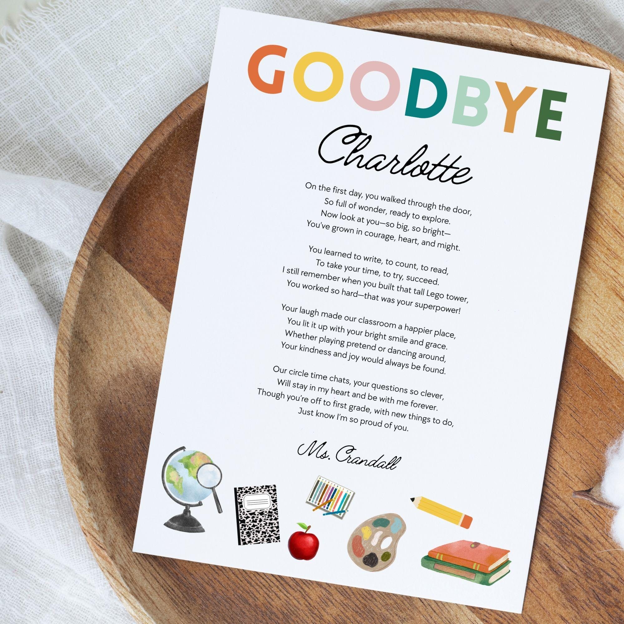 End of Year Poem for Student, Kindergarten Last Day of School Printable ...