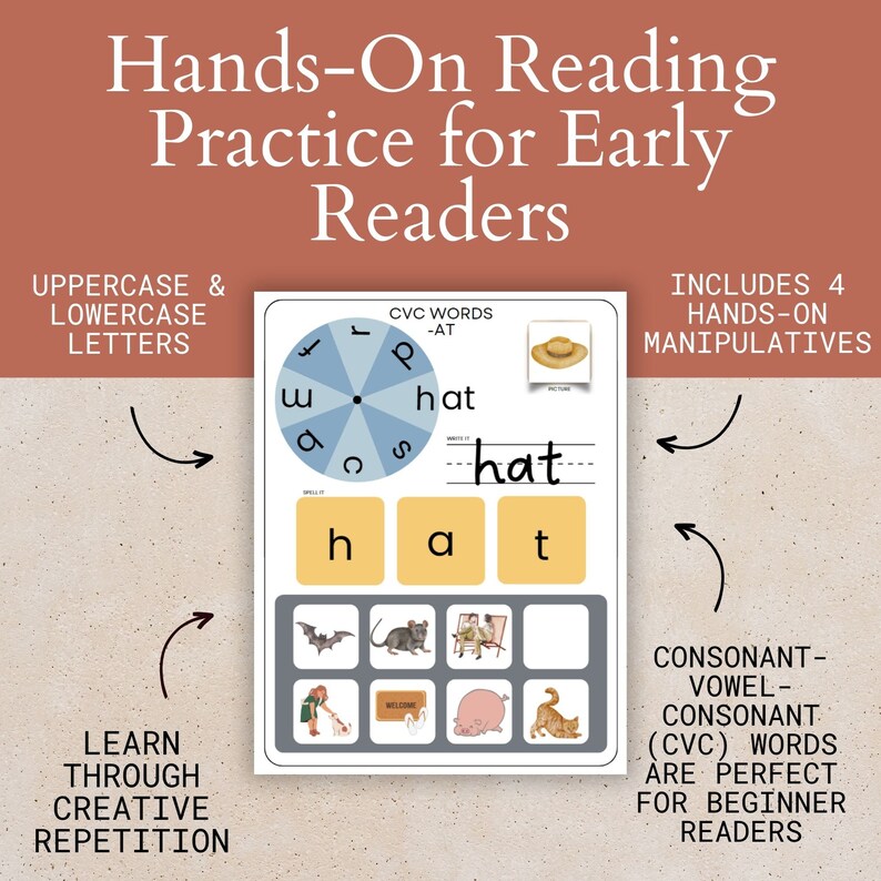 AT Word Family Reading Printable, CVC Word Worksheet, Short A Sound ...