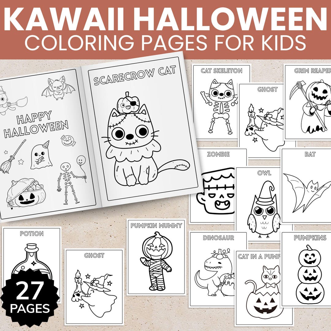 Cute Kawaii Halloween Coloring Pages for Kid Printable No AI, Happy ...