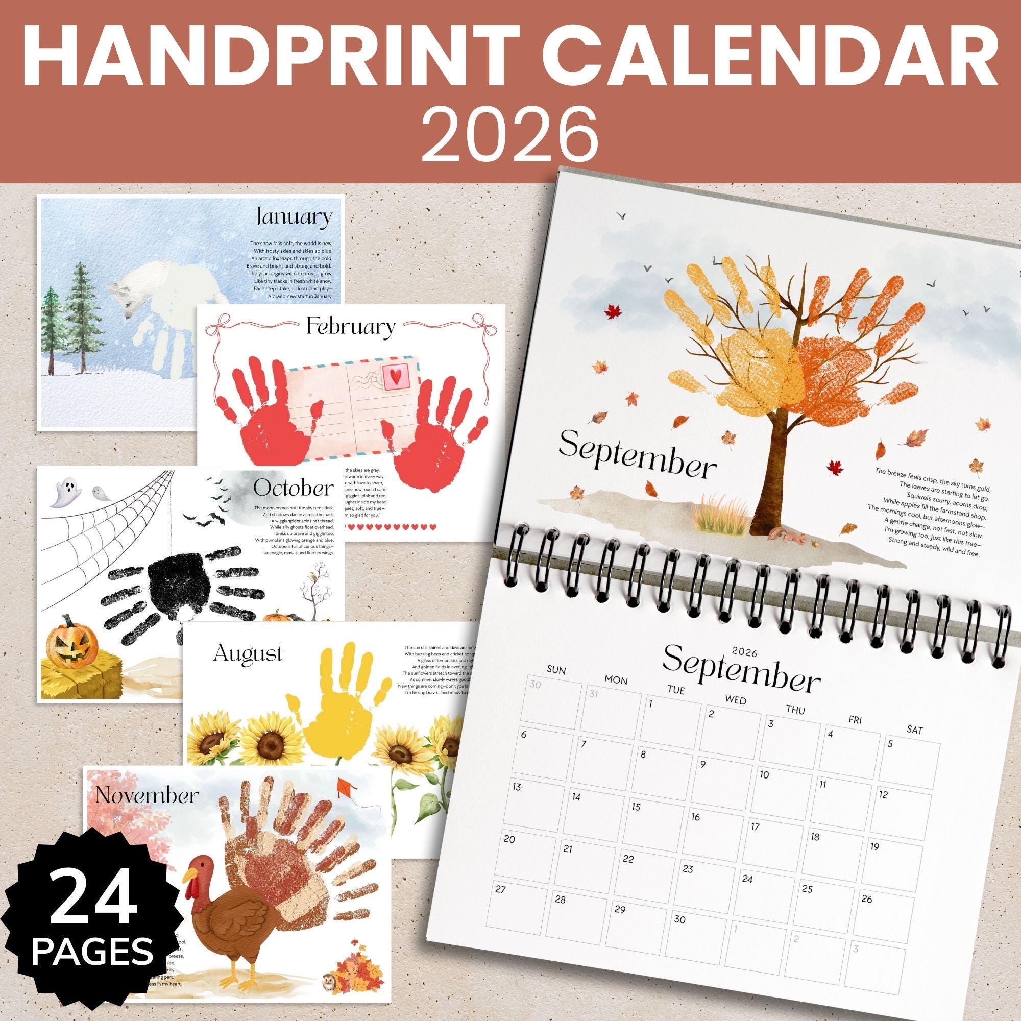 Kids Handprint Calendar 2026 Printable, Monthly Handprint With Poems ...