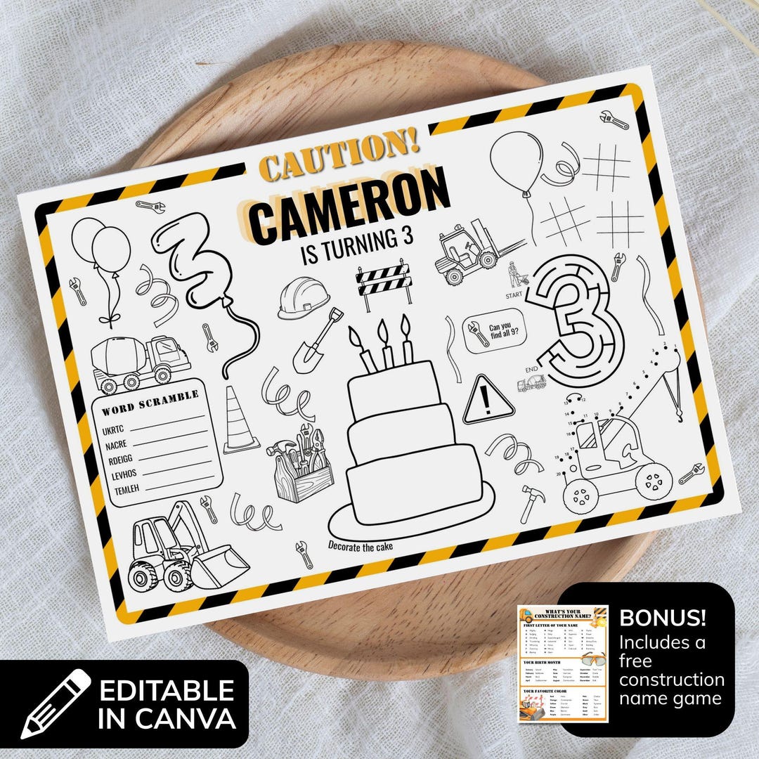 Construction Party Game Birthday Activity Placemat for Kids ...