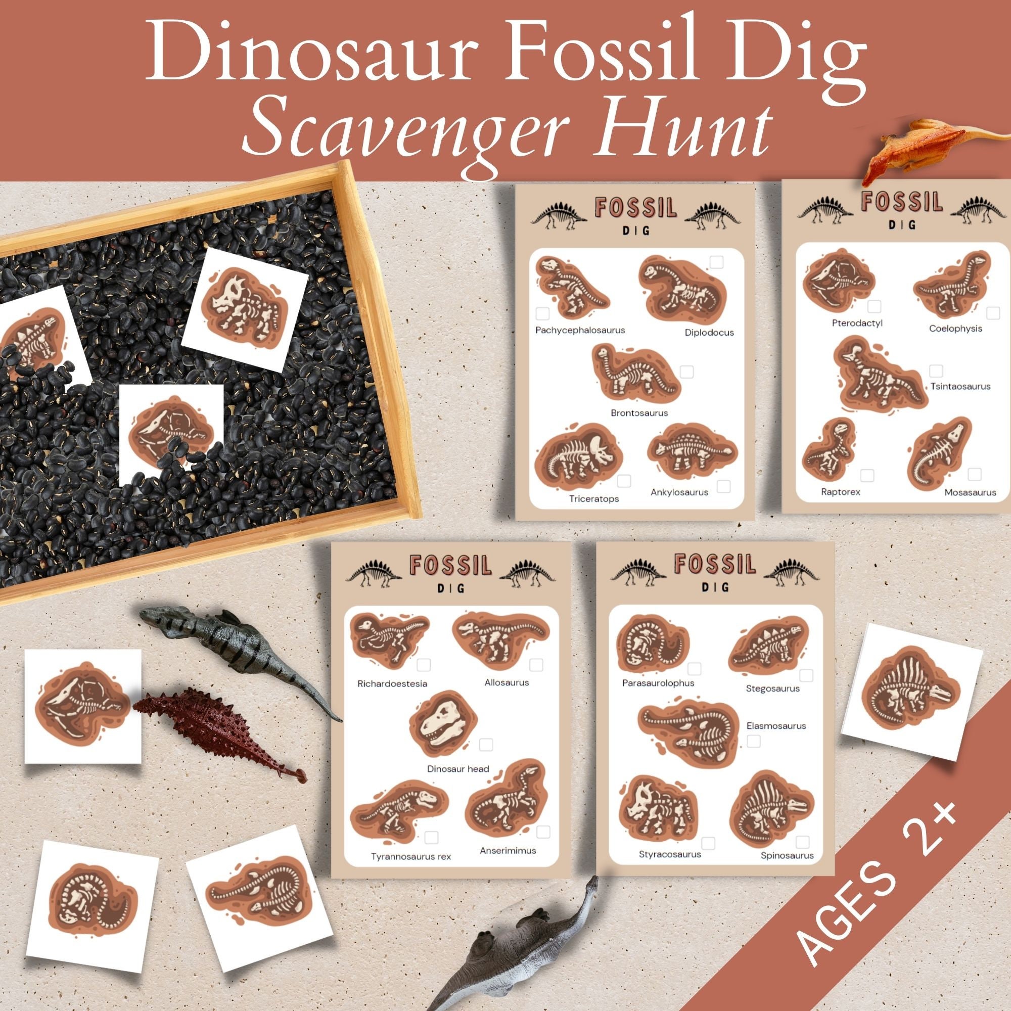 Dinosaur Scavenger Hunt for Kid Indoor, Preschool Sensory Bin Printable ...