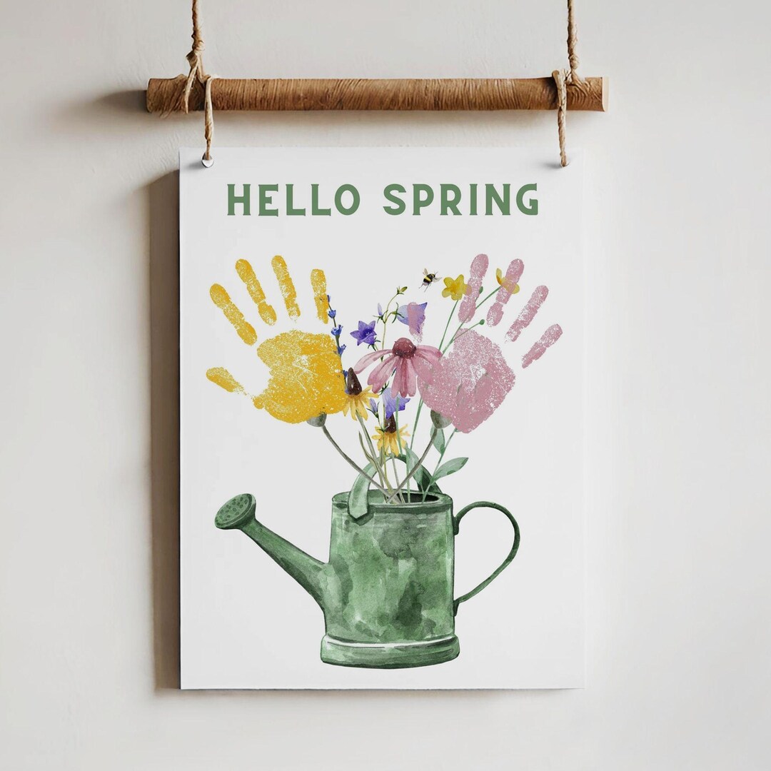 Hello Spring Handprint Art Printable for Kids, Handprint Flower Bouquet ...
