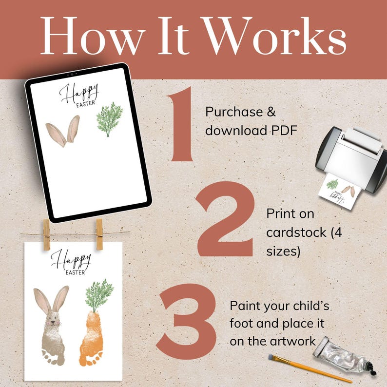 Easter Bunny Footprints Art Printable for Kids, Baby Carrot Foot Print ...