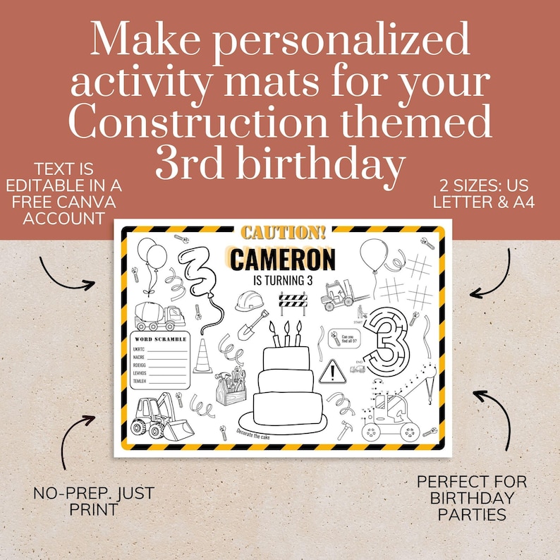 Construction Party Game Birthday Activity Placemat for Kids ...