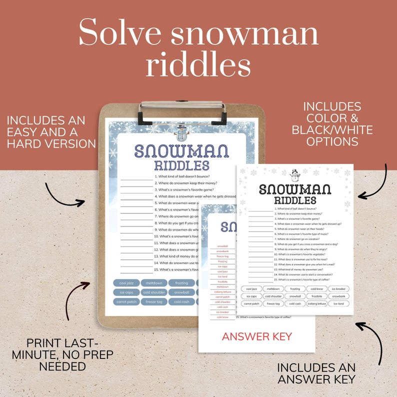 Snowman Riddles Game Printable, Winter Riddle Me This With Answers ...