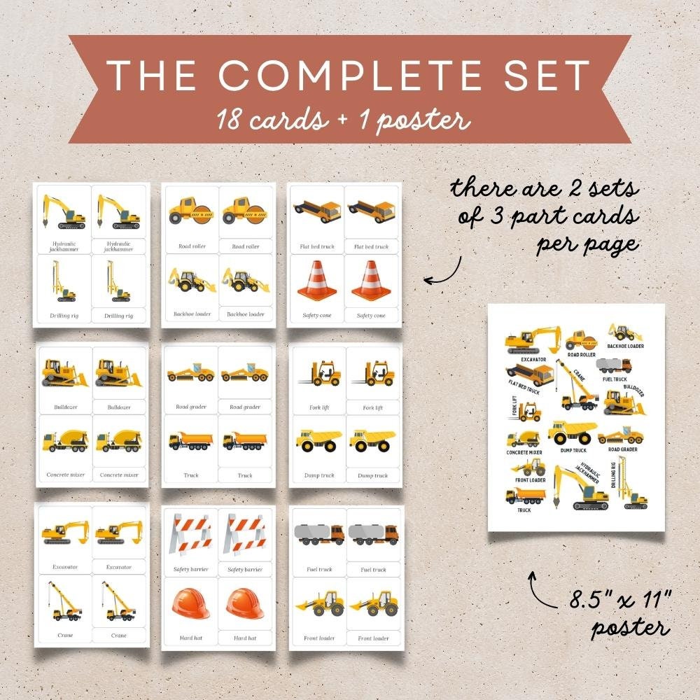 Construction Vehicle Flashcard Printable, Montessori 3 Part Cards for ...
