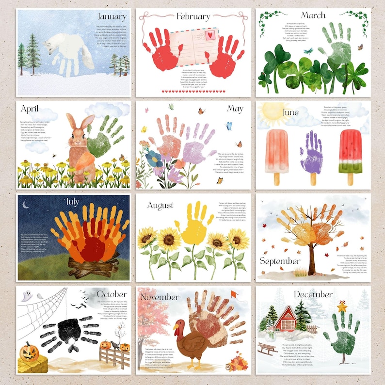 Handprint Memory Book by Month, Monthly Handprint With Poems Printable ...