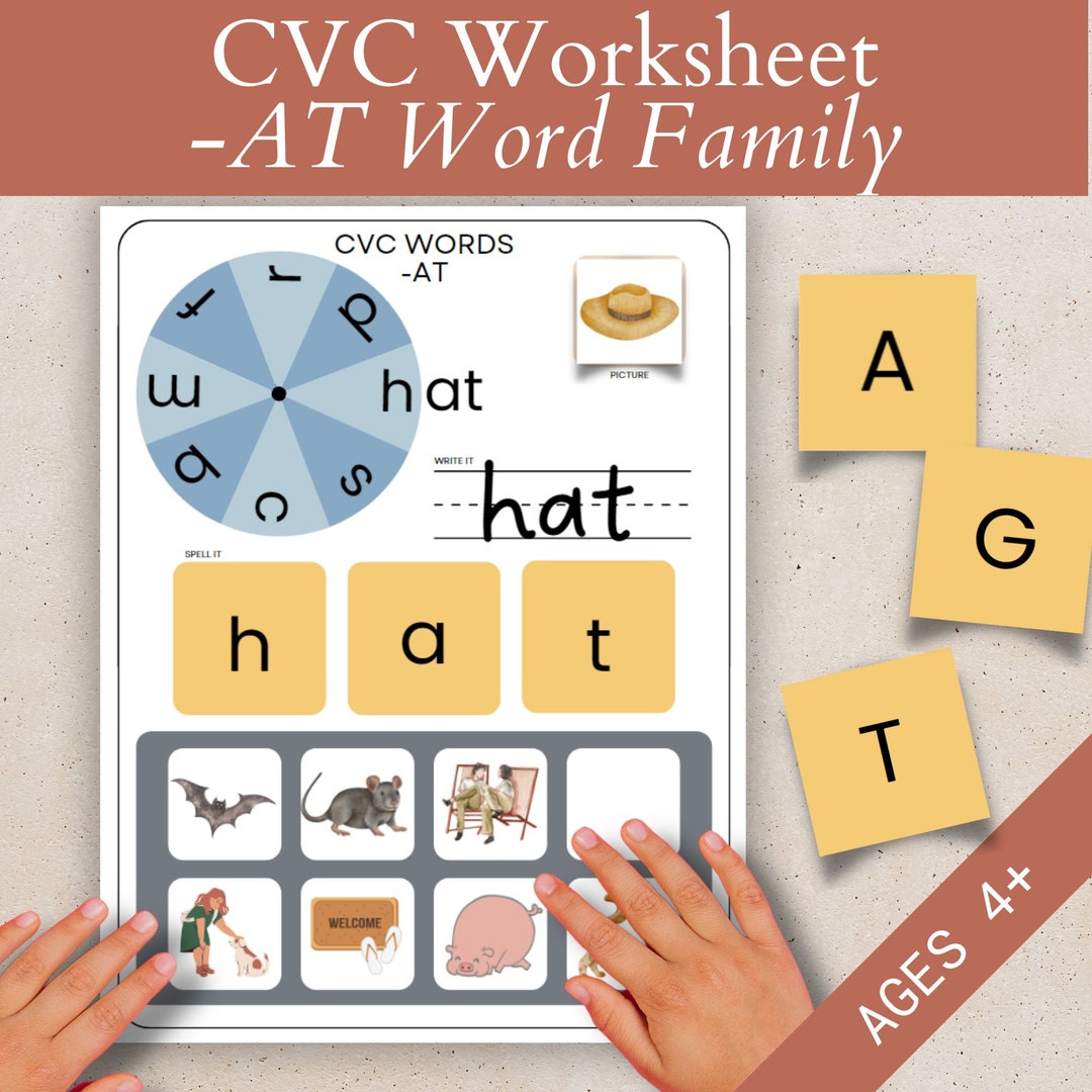 AT Word Family Reading Printable, CVC Word Worksheet, Short A Sound ...