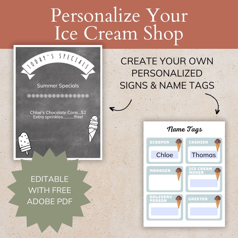 Ice Cream Shop Dramatic Play Printable, Restaurant Pretend Play Gift ...
