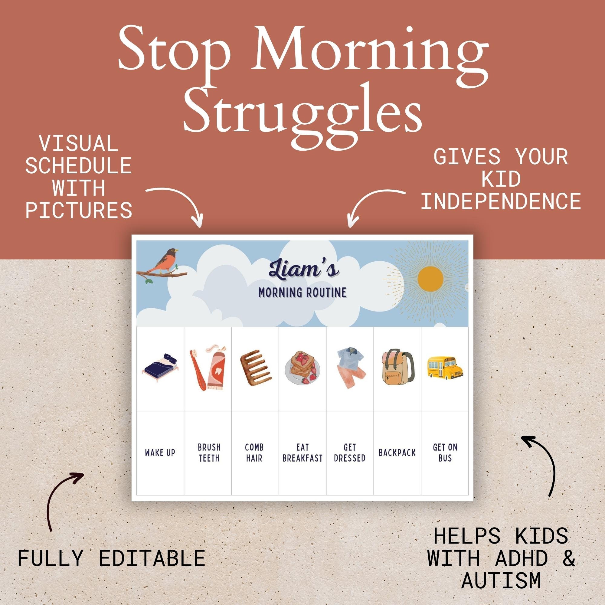 Editable Morning Routine Chart for Toddler Printable, Autism Visual ...